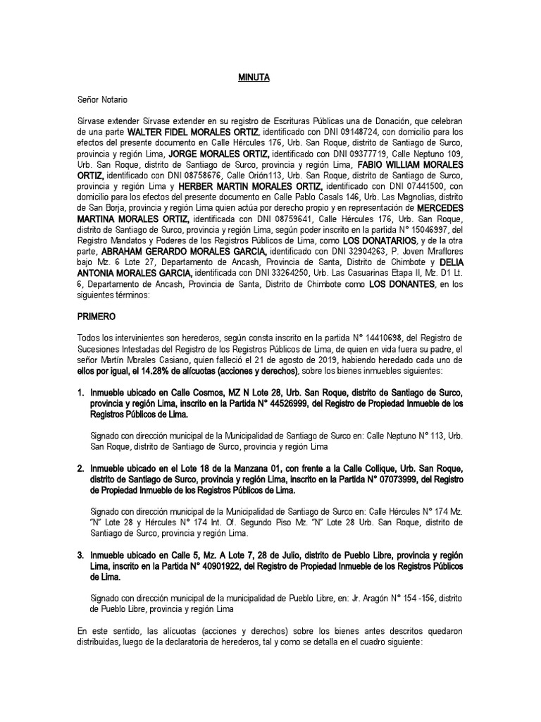 Minuta Donación Morales | PDF | Donación | Derecho Civil (Common Law)