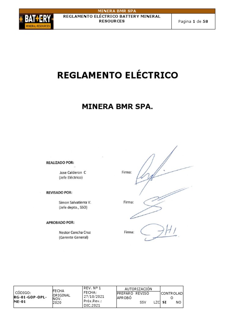 RG-01-GOP-OPL-ME-01 Reglamento Eléctrico BMR SPA | PDF | Ingenieria Eléctrica | Corriente eléctrica