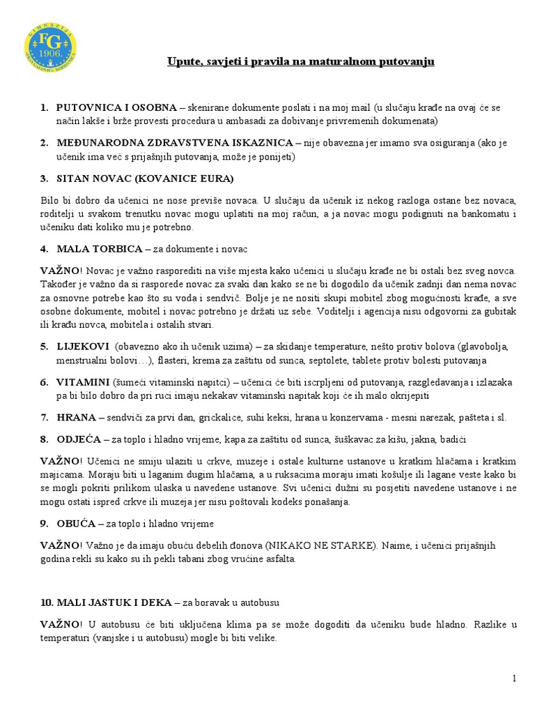 Upute, Savjeti I Pravila Na Maturalnom Putovanju | PDF