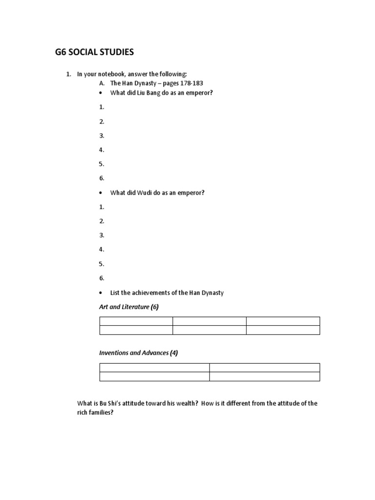 Han Dynasty Seatwork Grade 6 Social Studies | PDF