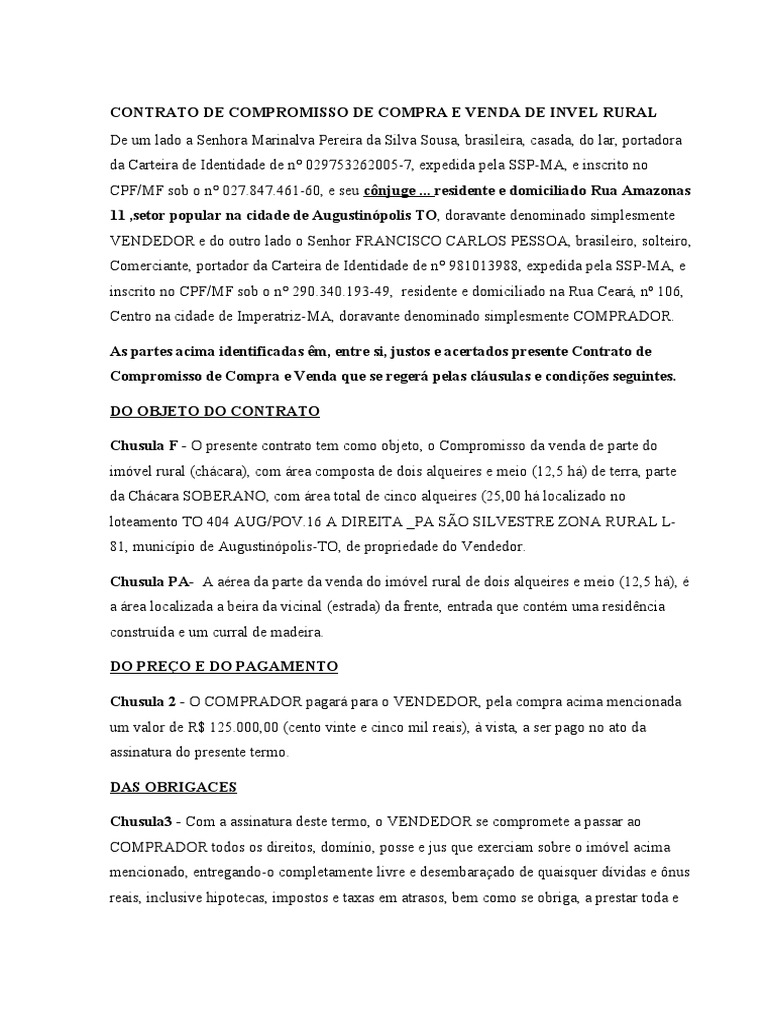 Contrato De Compromisso De Compra E Venda De Invel Rural Pdf Impostos