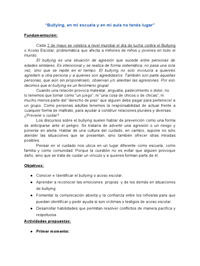 Bullying, en Mi Escuela y en Mi Aula No Tenés Lugar | PDF