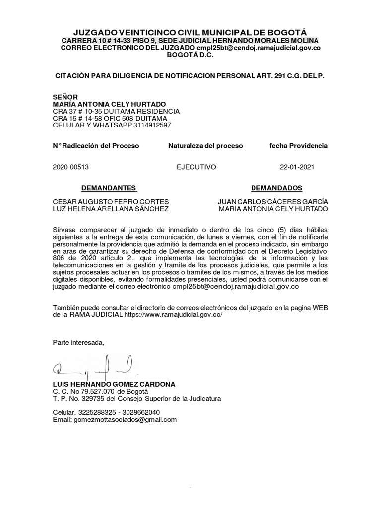 Notificacion Personal Art 291 Cely | PDF Notificacion Personal Art 291 Cely | PDF