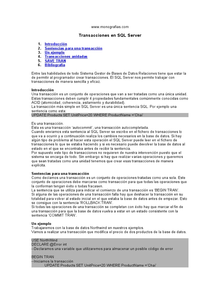 Transacciones En Sql Server Pdf Sql Servidor Sql De Microsoft