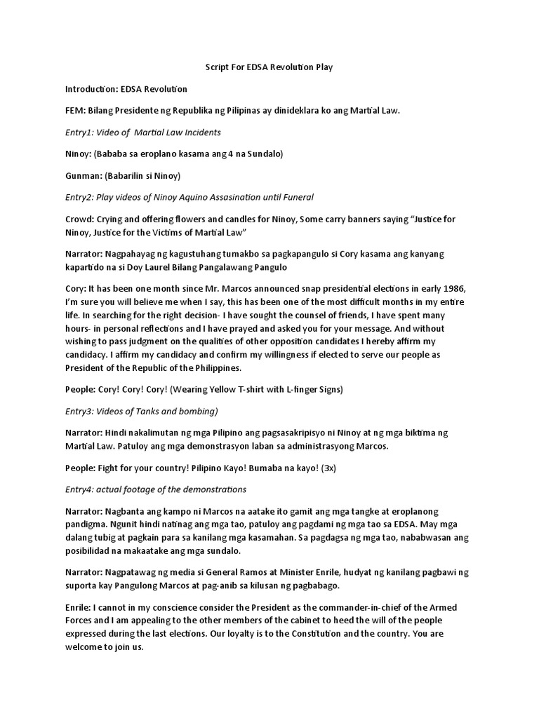 Script For EDSA Revolution Play | PDF | Juan Ponce Enrile | Government