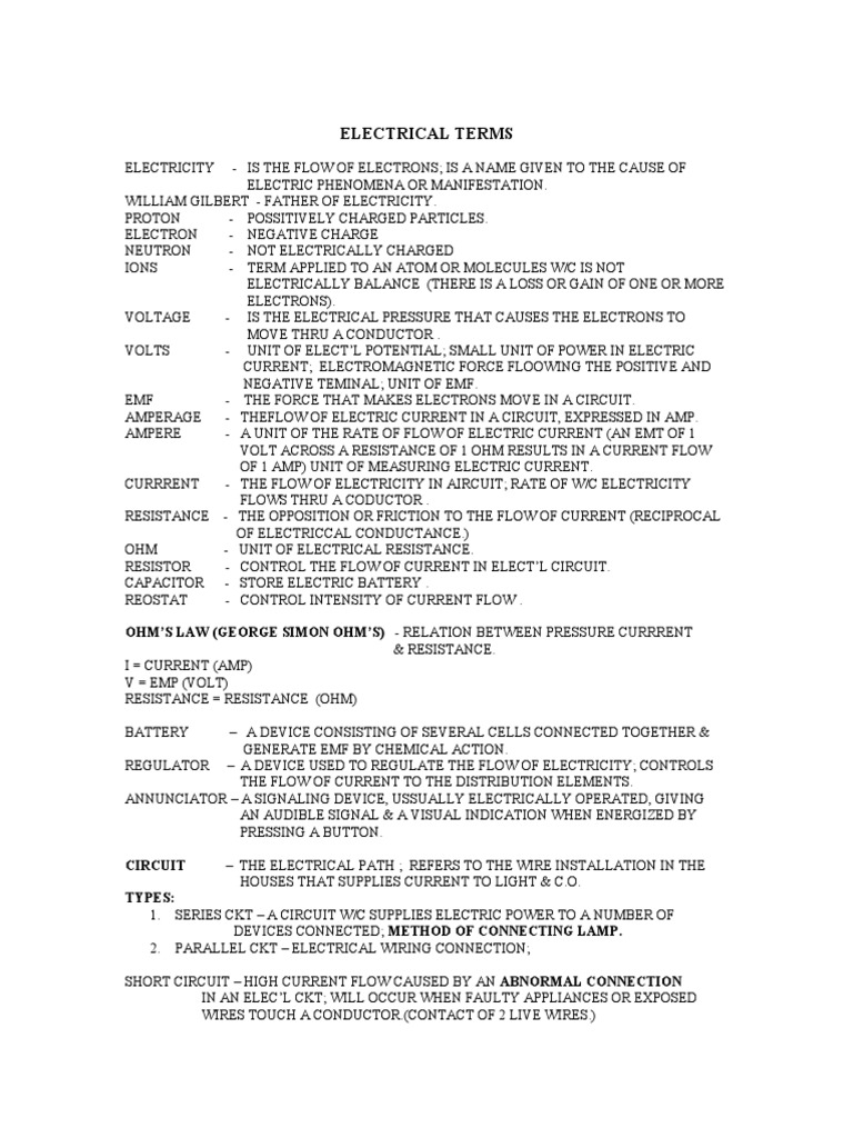 Electrical Terms and Definitions Guide | PDF | Electric Current ...