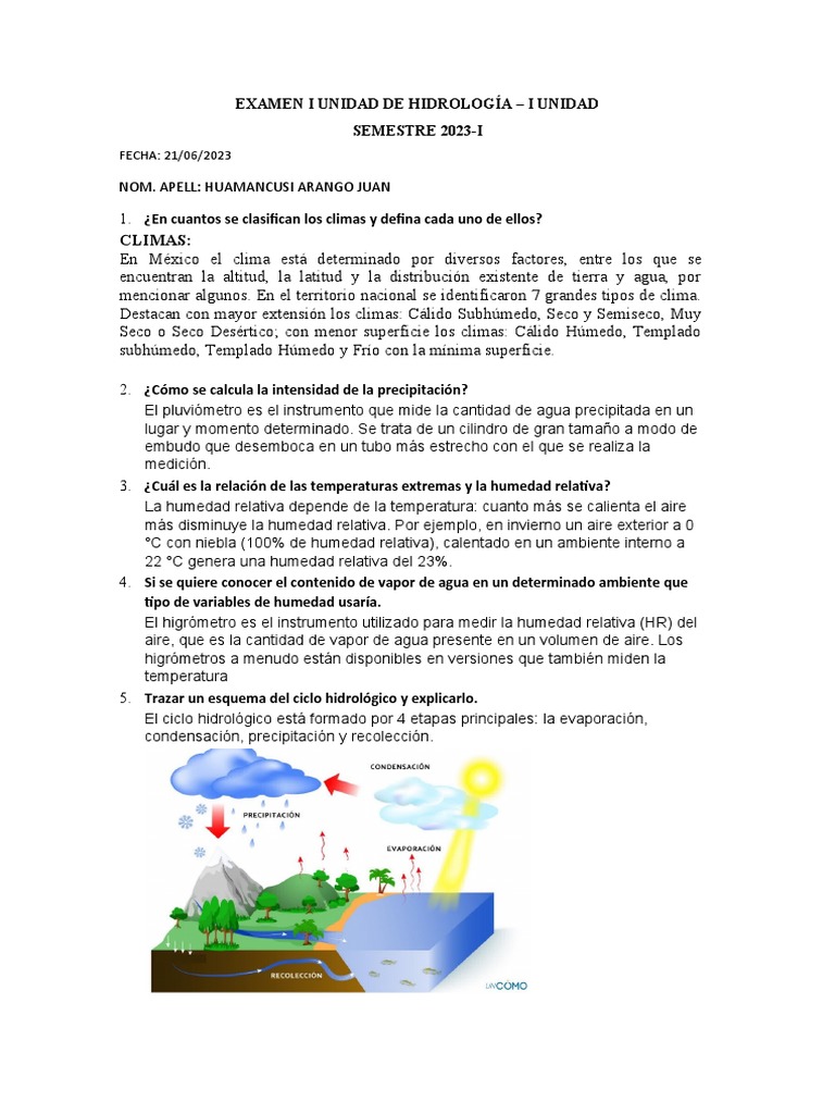Examen de Hidrologia - I Unidad - A | PDF | Humedad | Clima
