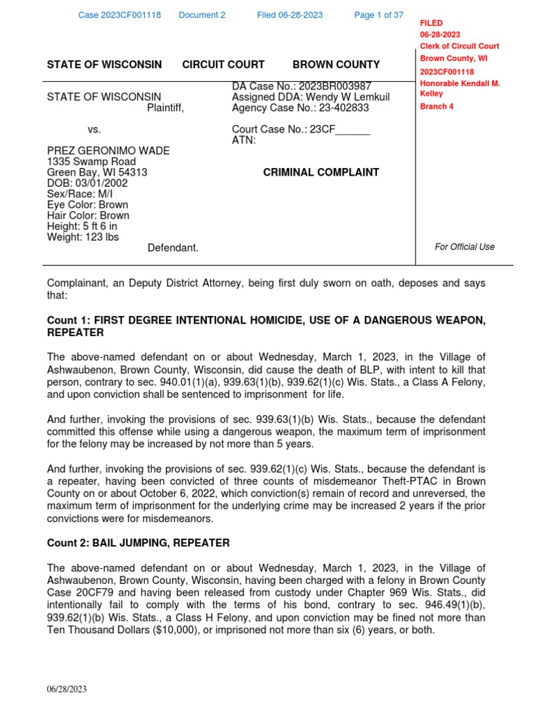 Wade Criminal Complaint | PDF | Wisconsin Circuit Courts | Misdemeanor