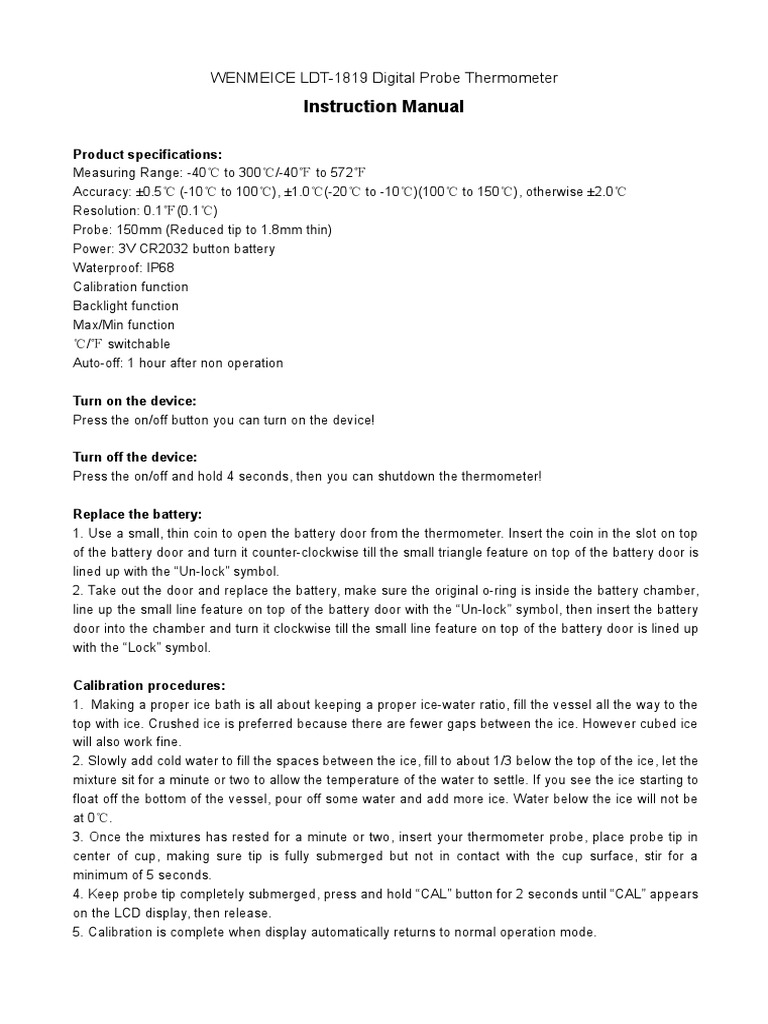 Digital Thermometer Manual LDT-1819 | PDF | Cooking, Food & Wine | Technology & Engineering