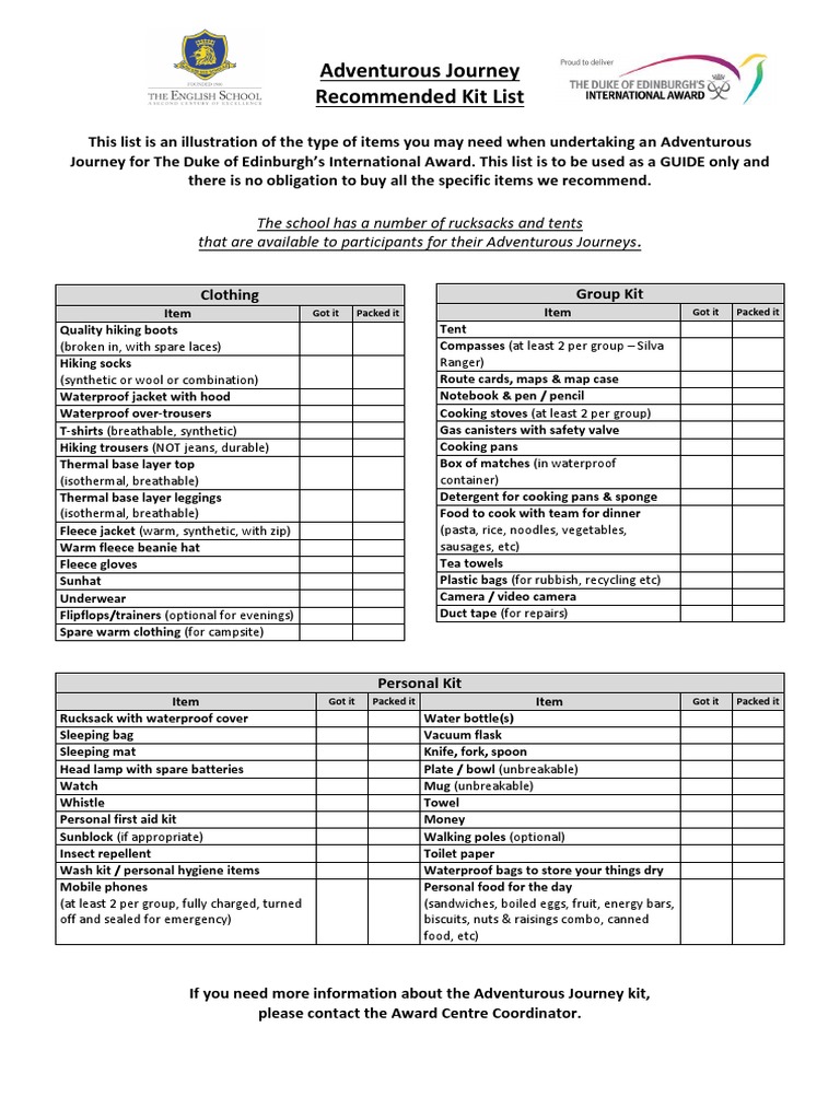 Adventurous Journey Recommended Kit List | PDF | Wool | Manufactured Goods