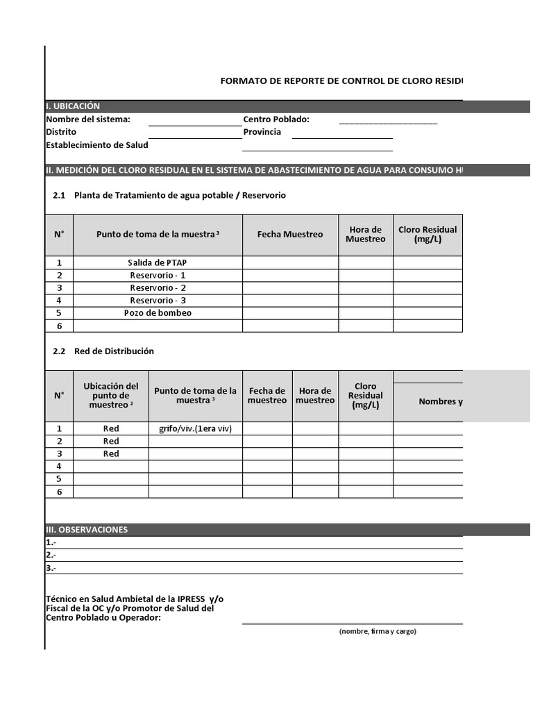 Formato de Reporte de Control de Cloro Residual | PDF | Agua potable | Hidrología