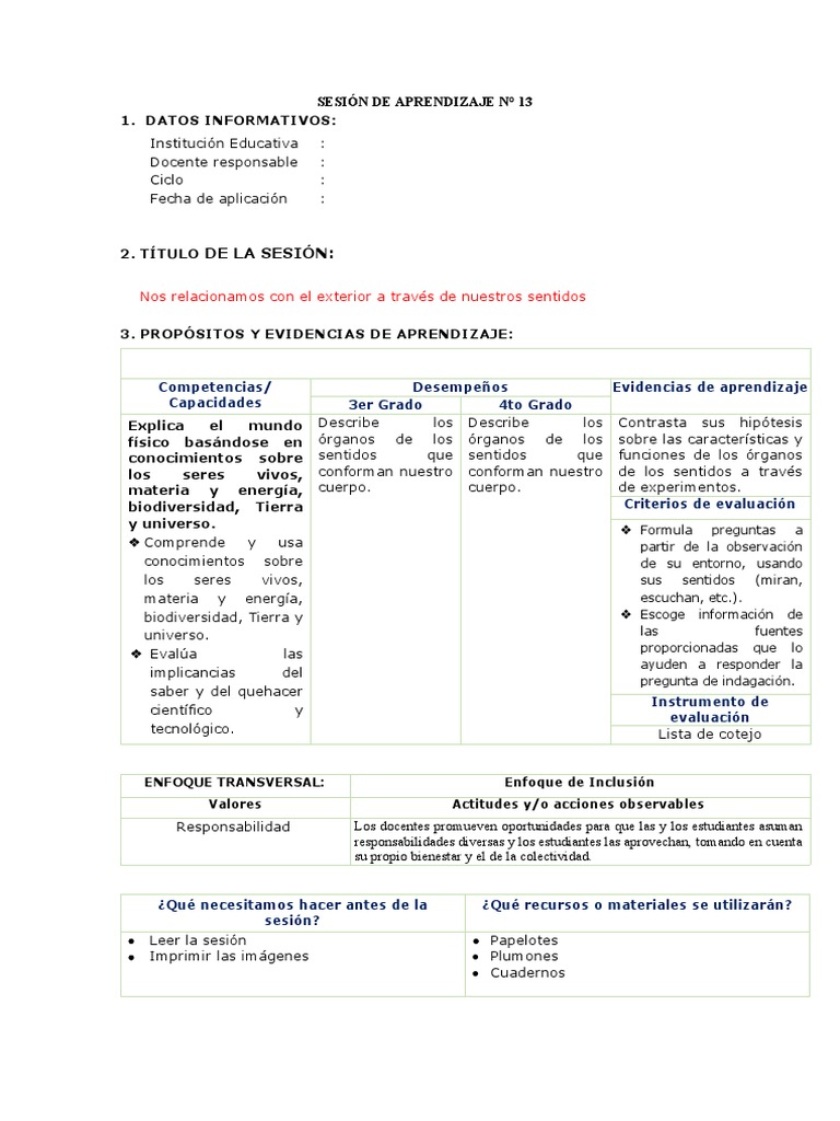 Sesion De Aprendizaje Pdf Evaluación Aprendizaje