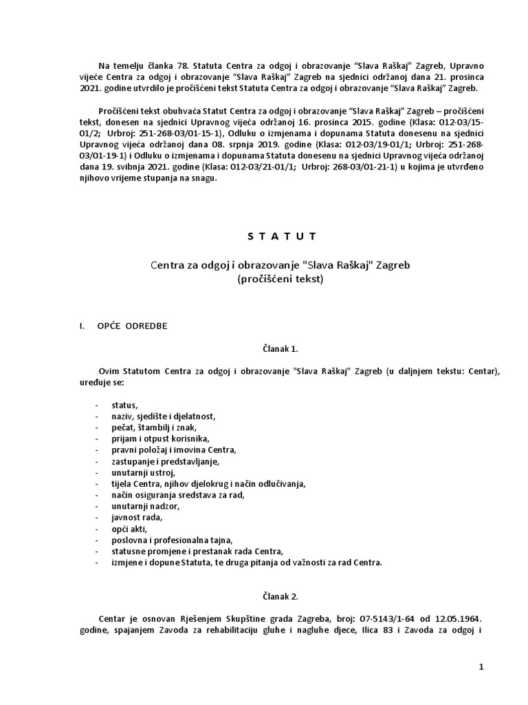 STATUT - Procisceni Tekst 2021. | PDF