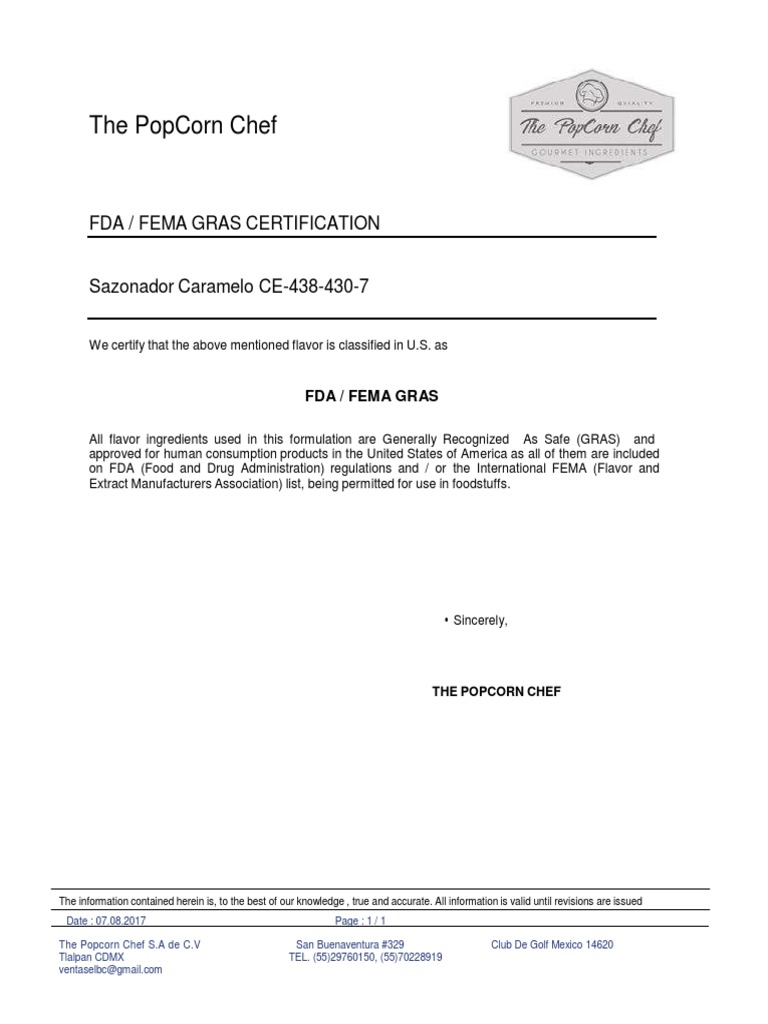 Fda Fema Gras Certification Ce-438-430-7 | PDF | Cooking, Food & Wine