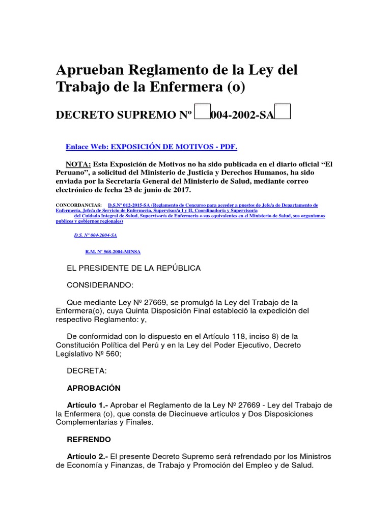 Reglamento de La Ley 27669 Ley Del Trabajo de La Enfermera | PDF | Enfermería | Derecho laboral