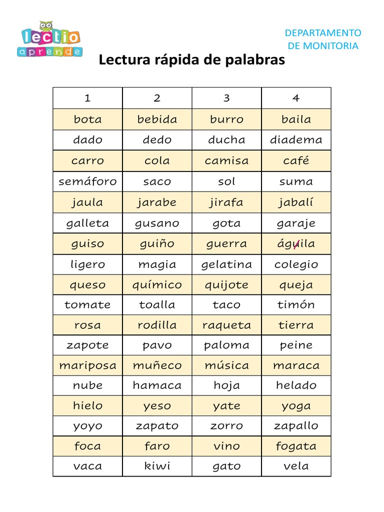 Ficha Lectura Rapida Palabras y Oraciones | PDF