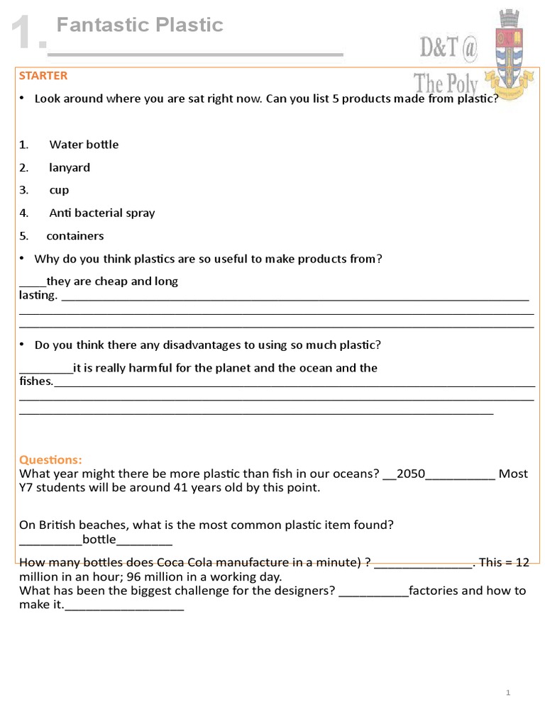 Fantastic Plastic - Student Booklet - Lesson 1 (Completed) | PDF | Plastic