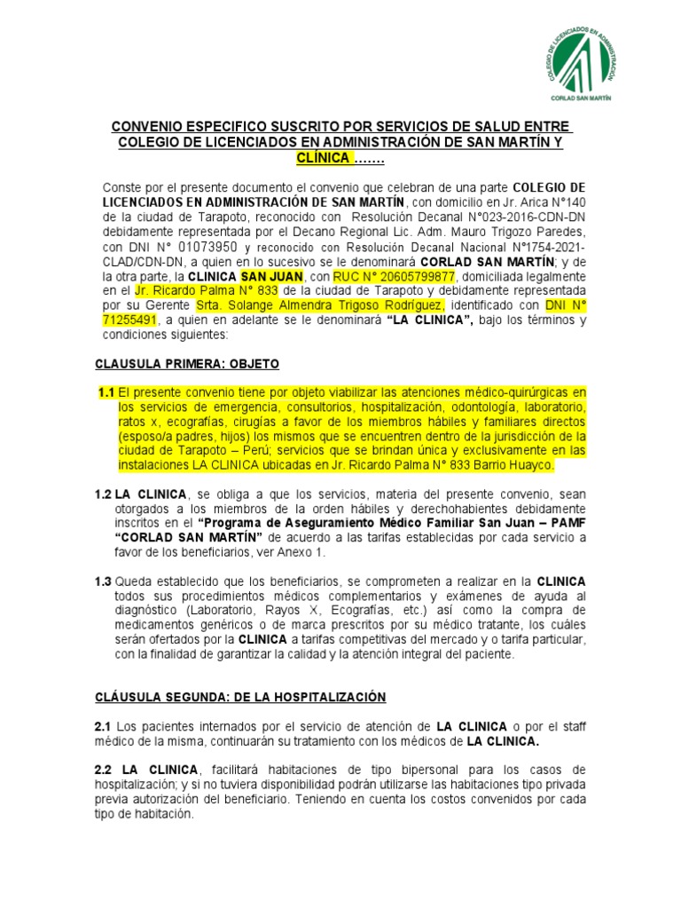 Convenio Salud CORLAD y Clínica | PDF | Programas sociales | Servicios ...