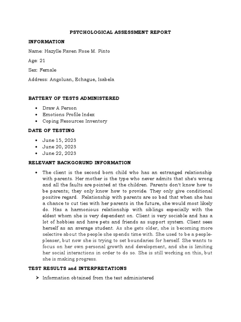 Psychological Assessment Report 1 | PDF | Psychotherapy | Emotions