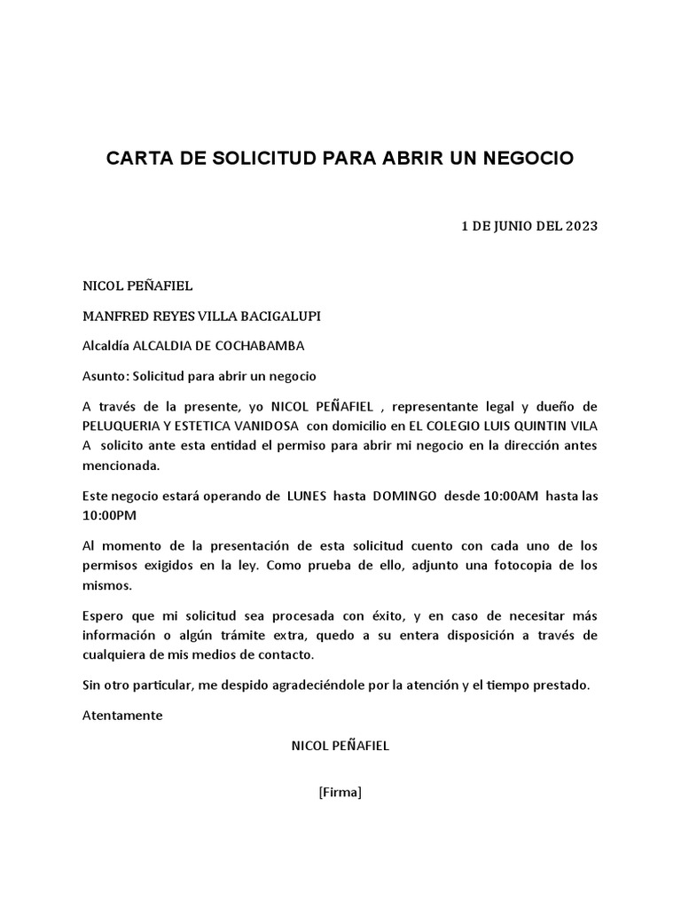 Carta de Solicitud para Abrir Un Negocio | PDF