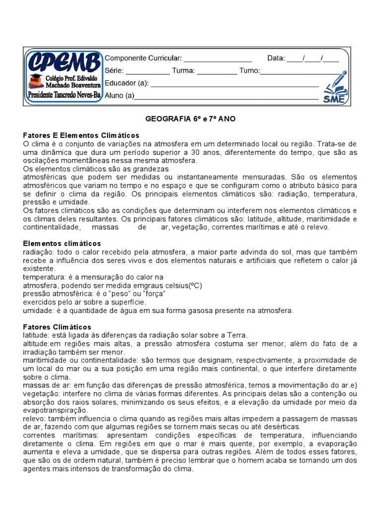 Atividade Clima e Tempo 6 e 7 Ano | PDF | Atmosfera | Clima
