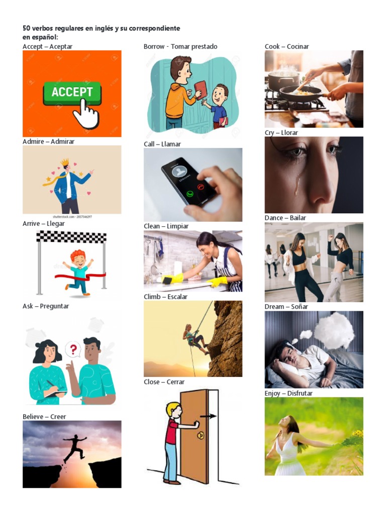50 Verbos Regulares y 50 Irregulares en Inglés y Español Con Imagenes ...