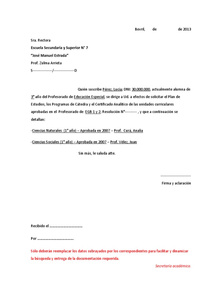 Modelo de Nota Solicitando Plan de Estudios-Programas-Certificado ...