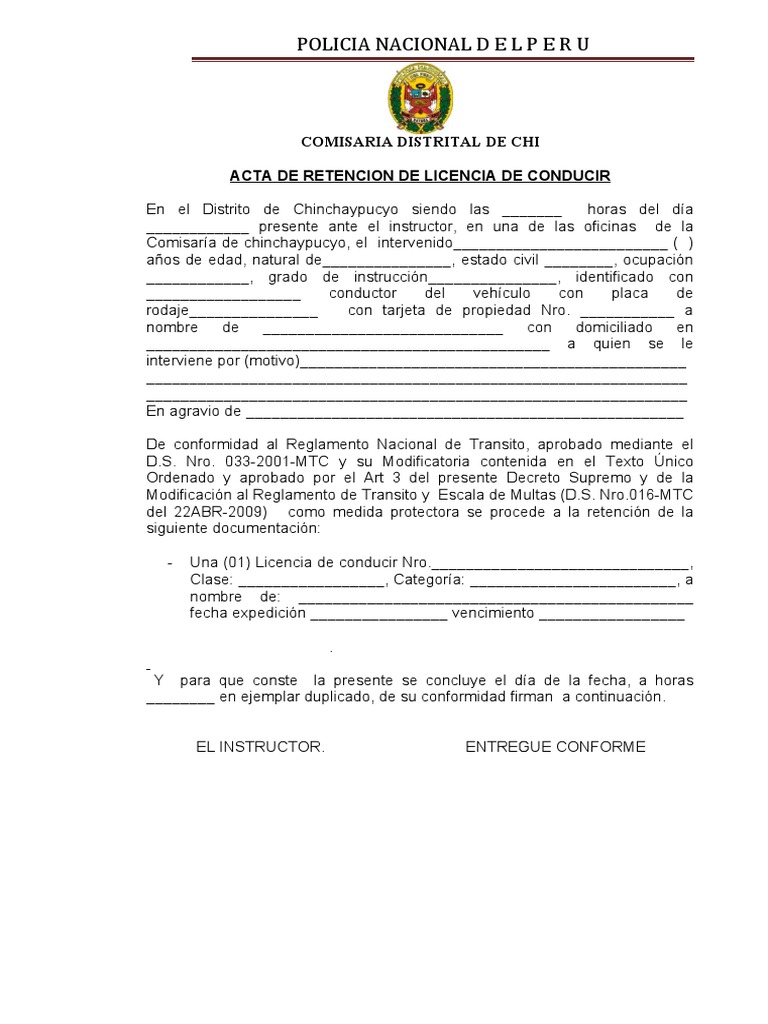 Acta de Retencion de Licencia de Conducir | PDF
