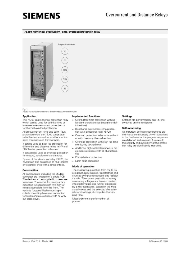 Siemens 7SJ50 Relay Catalog | PDF