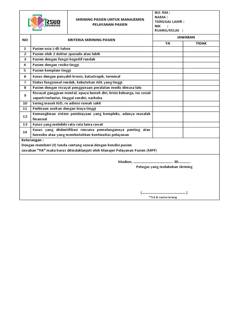 Skrining Pasien Untuk Manajemen Pelayanan Pasien | PDF