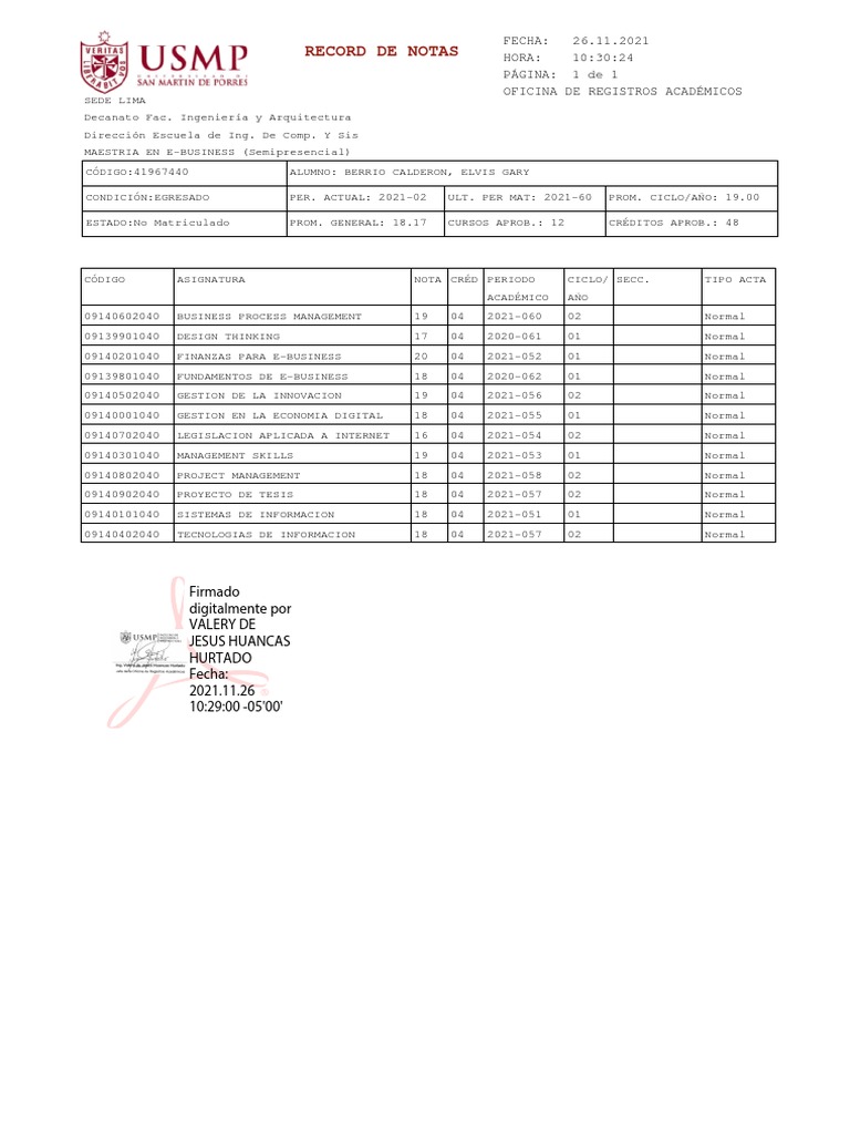 BERRIO CALDERON, ELVIS GARY - Record de Notas | PDF
