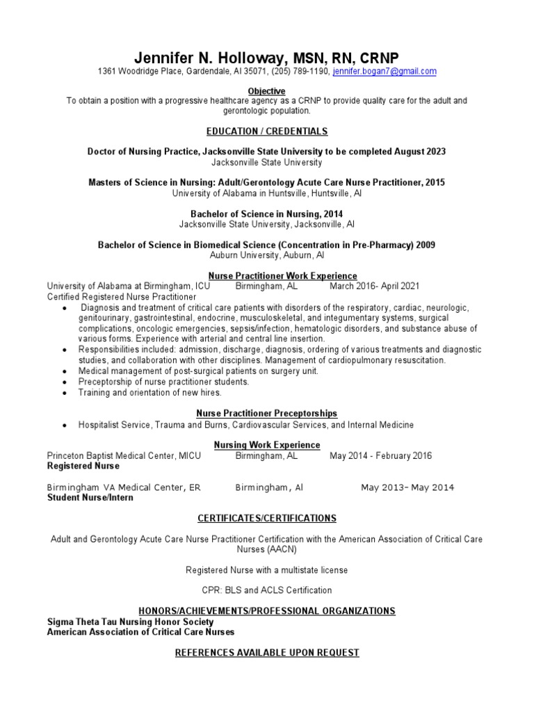 Jennifer Holloway Nurse Practitioner Resume 1 | PDF | Intensive Care ...