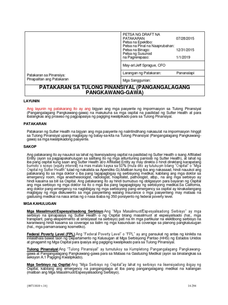 Hospital Financial Assistance Policy Tagalog | PDF