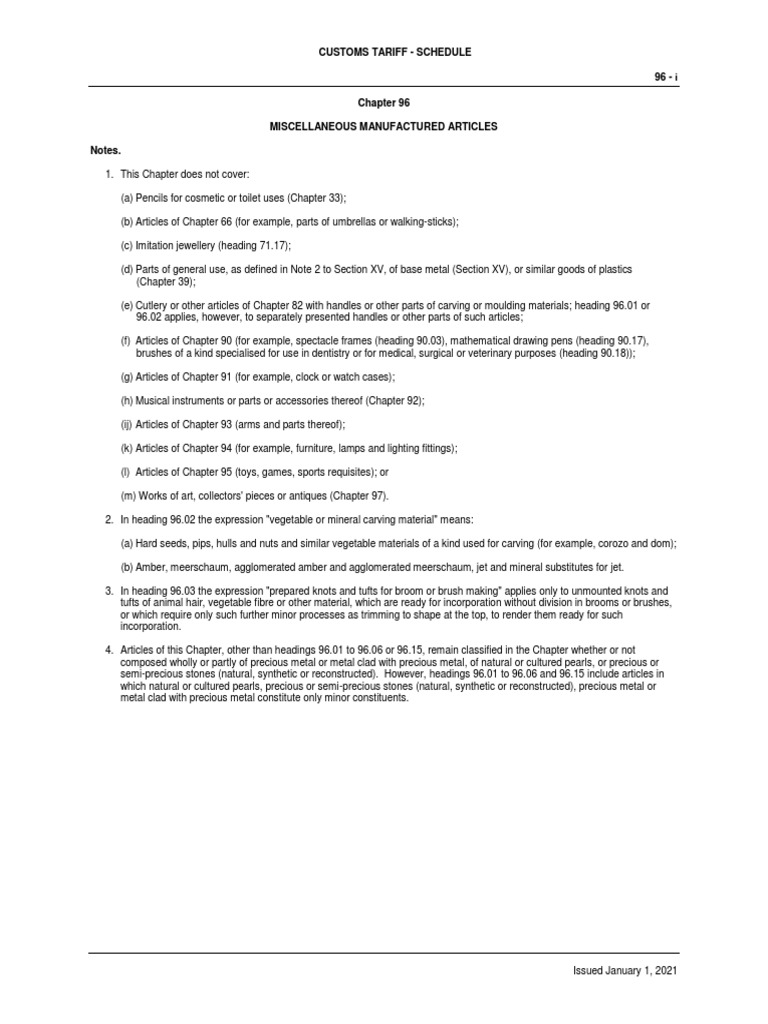 Customs Tariff Schedule Chapter 96 | PDF | Pen | Materials