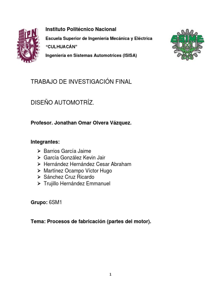 Trabajo de Investigacion - Proyecto Motor-6sm1 | PDF | Pistón | Ingeniería mecánica
