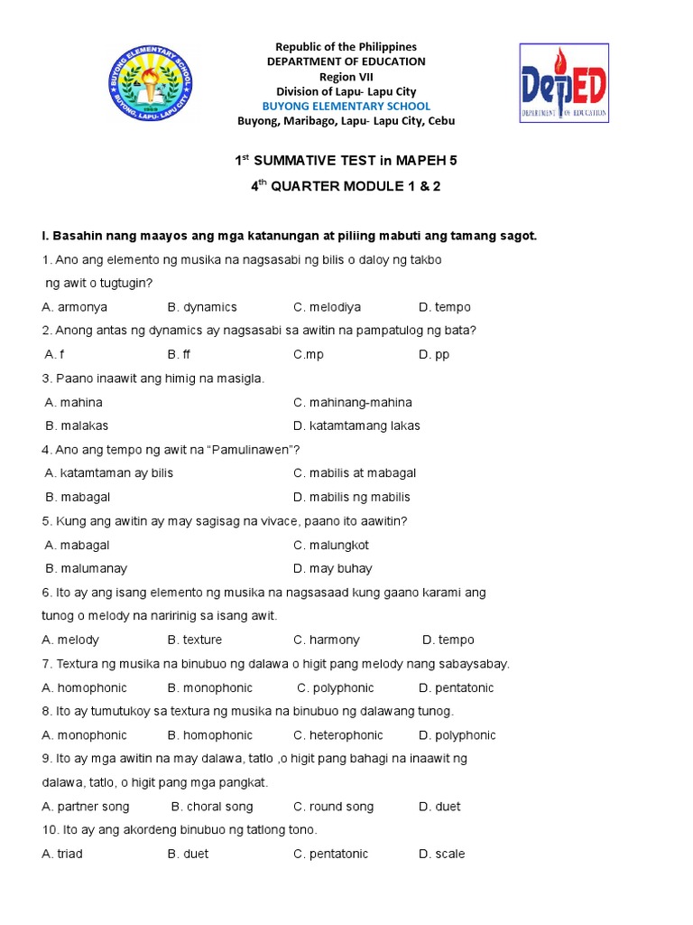 Summative Test in Mapeh 5 No. 1 4th | PDF