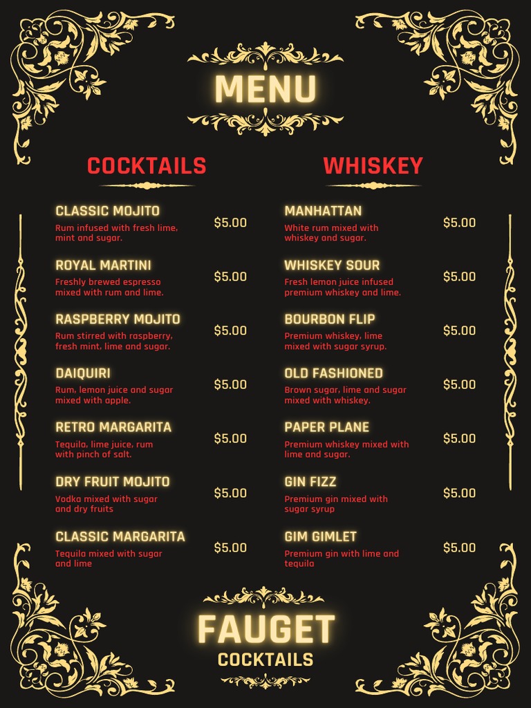 Black Vintage Style Cocktail Menu | PDF