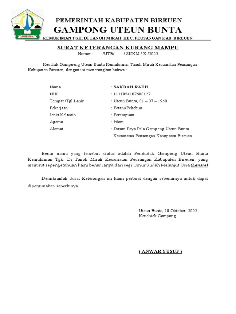 Surat Keterangan LANSIA GAMPONG UTEUN BUNTA | PDF
