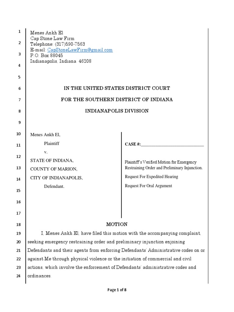 Emergency Restraining Order Motion | PDF | Injunction | Lawsuit