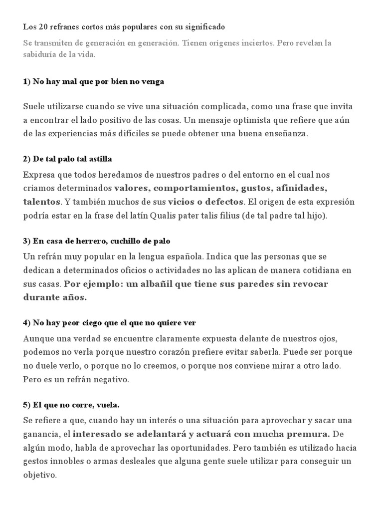 Los 20 Refranes Cortos Más Populares Con Su Significado | PDF