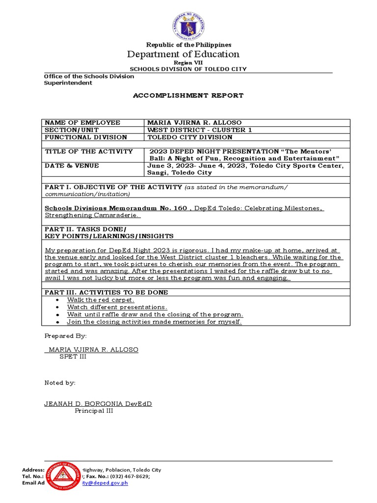 2023 DEPED NIGHT Accomplishment Mam VIRNA | PDF