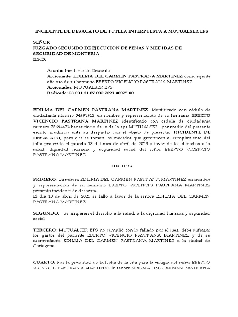 Desacato a Mutualser EPS por salud | PDF | Derecho Constitucional ...