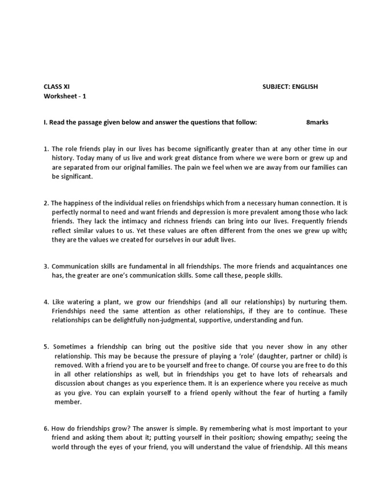 CBSE Class 11 English Worksheet 1 | PDF | Friendship | Plastic Surgery