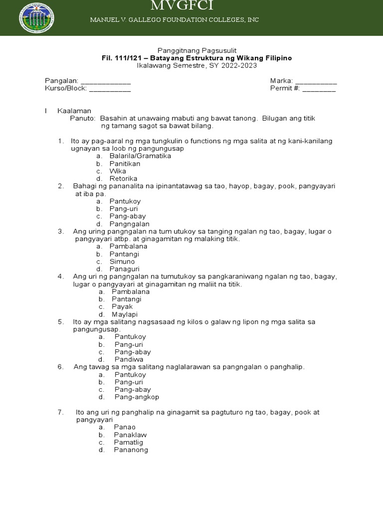 Panggitnang Pagsusulit | PDF
