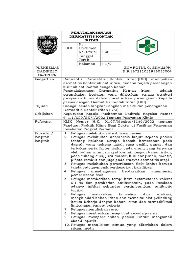 Sop Penatalaksanaan Dermatitis Kontak Iritan | PDF