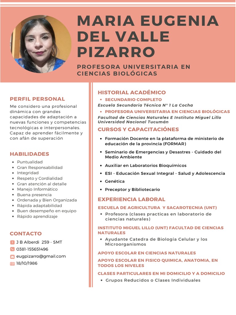 CV Pizarro Maria Eugenia Del Valle Prof | PDF | Maestros | Laboratorios