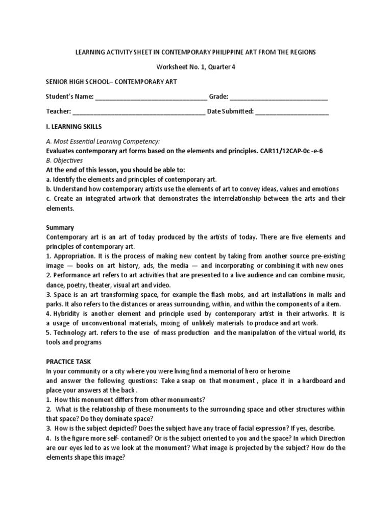 LEARNING ACTIVITY SHEET IN CONTEMPORARY ART | PDF | Learning | Space
