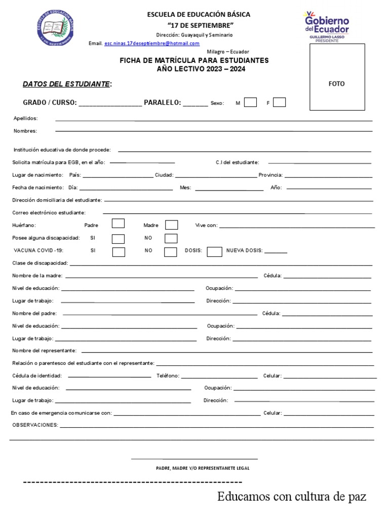 Ficha de Matricula 1ro A 10mo | PDF