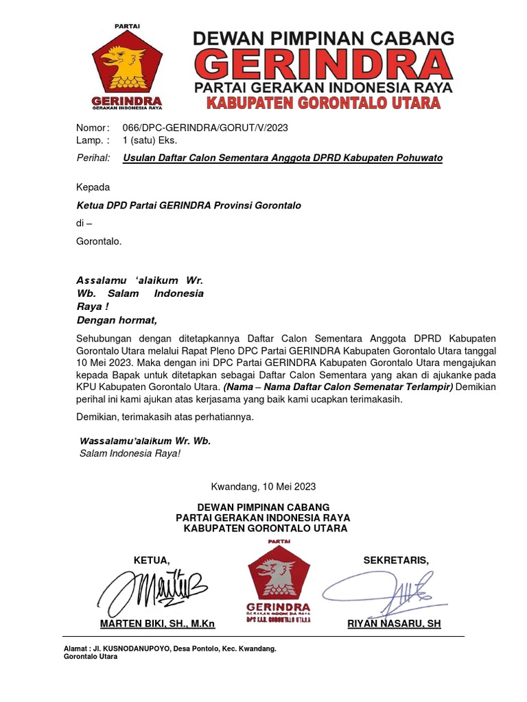 Surat Pengusulan Daftar Caleg Sementara 2024 GORONTLAO UTARA | PDF