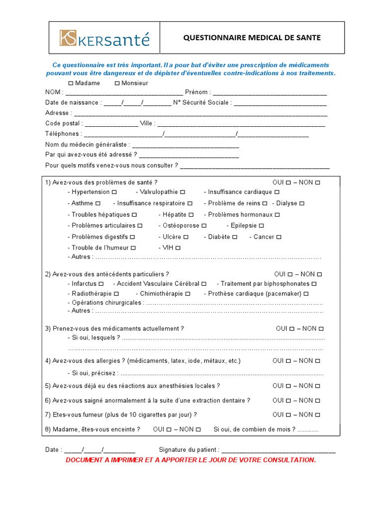 Questionnaire de Santé AVANT Soins Dentaires | PDF | Sciences de la ...